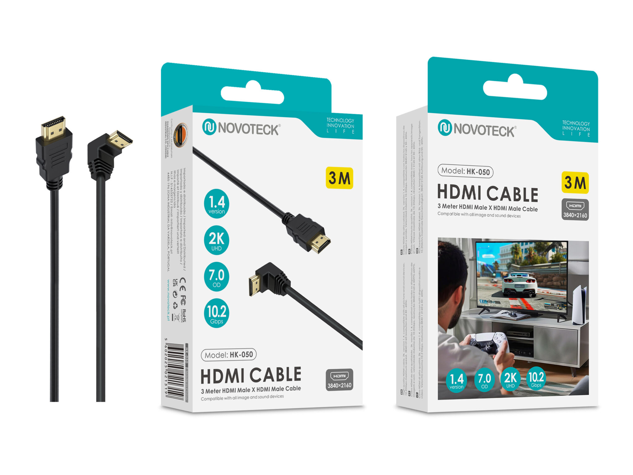 Cabo HDMI 3M Novoteck HK-050 com Ângulo de 90° – Versão 1.4, Suporte 2K ...