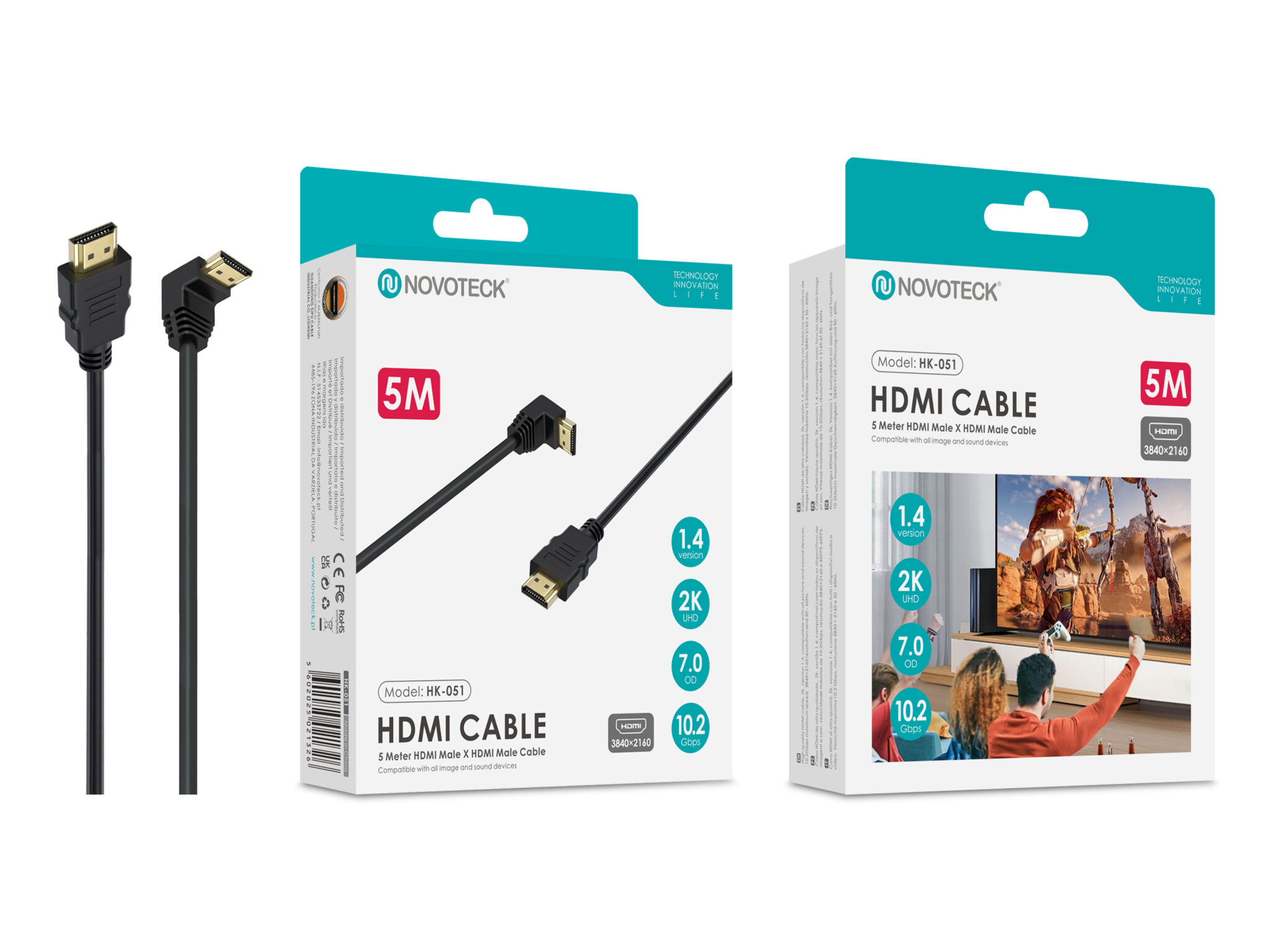 Cabo HDMI 5M Novoteck HK-051 com Ângulo de 90° – Versão 1.4, Suporte 2K ...